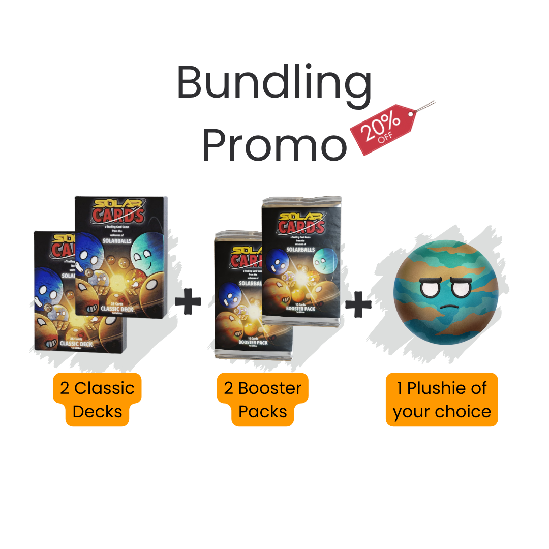 ☄️ 2 SolarCards Classic Decks + 2 Booster Packs + 1 Plushie Bundle ...